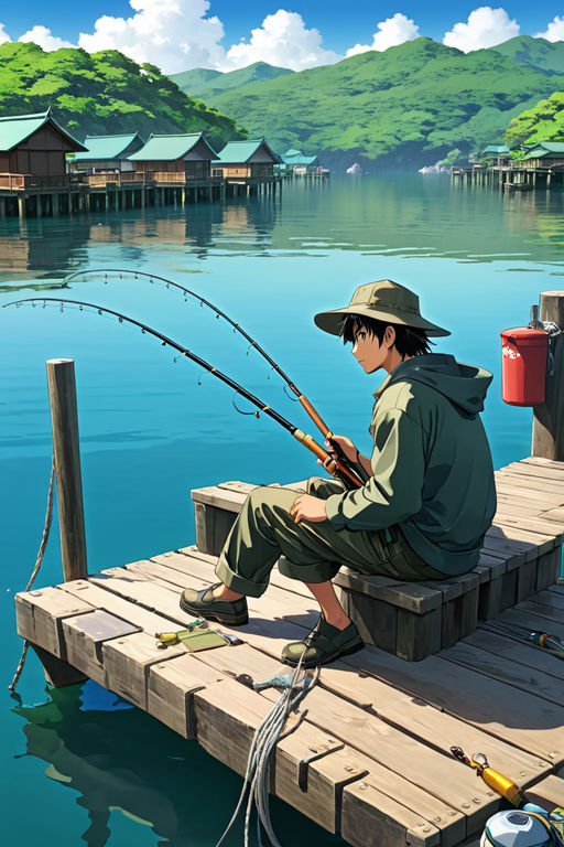 Fisherman fishing sitting down on an anime style dock by Mridul Kanti ...