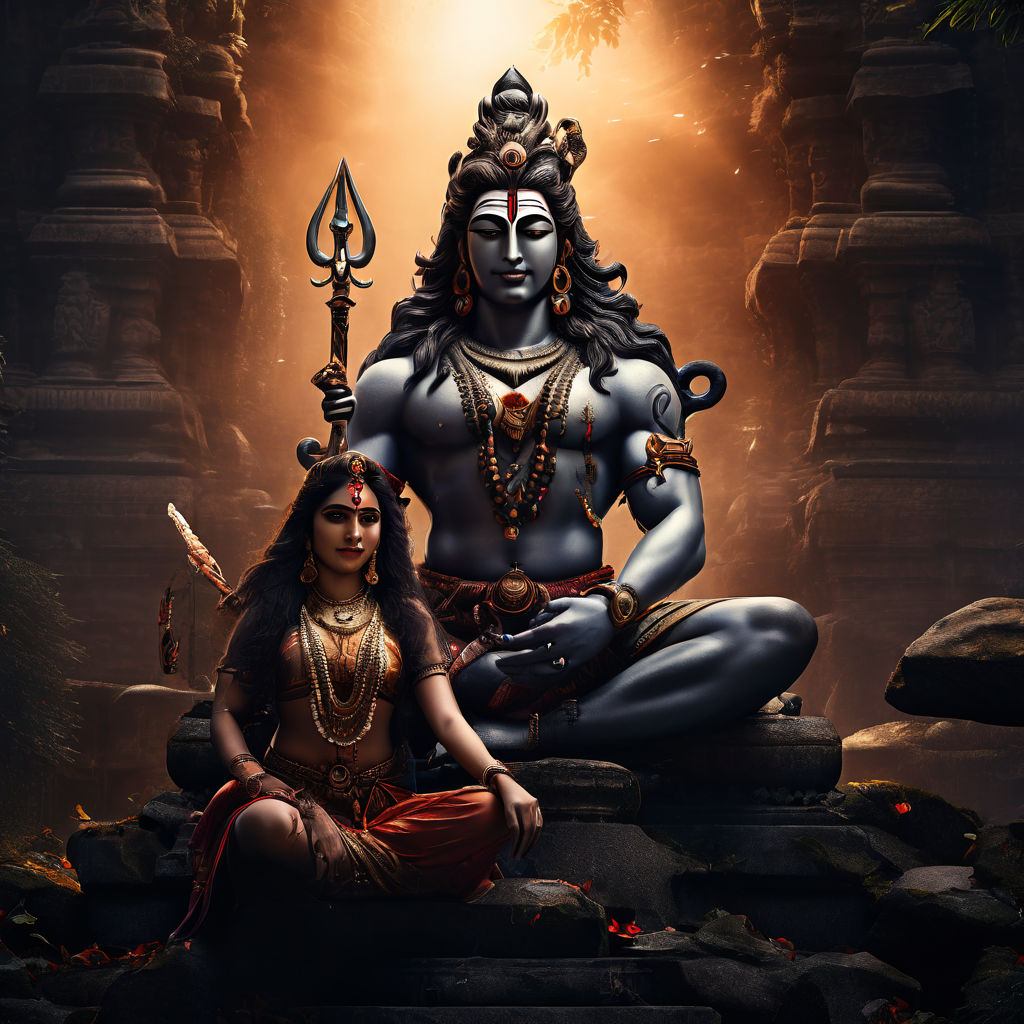 God shiv has a mutuk and goddess parvati sitting on a stone ... by B ...