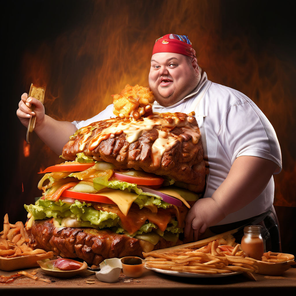 Create a picture of a huge kebab that a fat person is eating by Paul ...