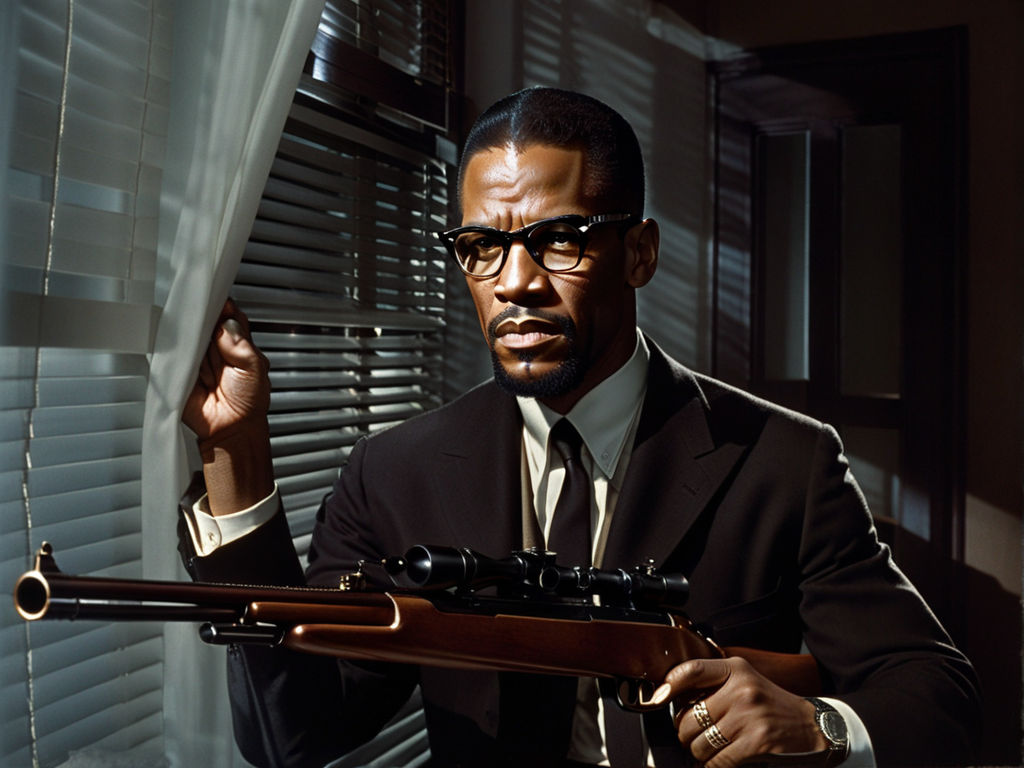 Malcolm x with rifle looking through blinds heavy shadows an... by ...