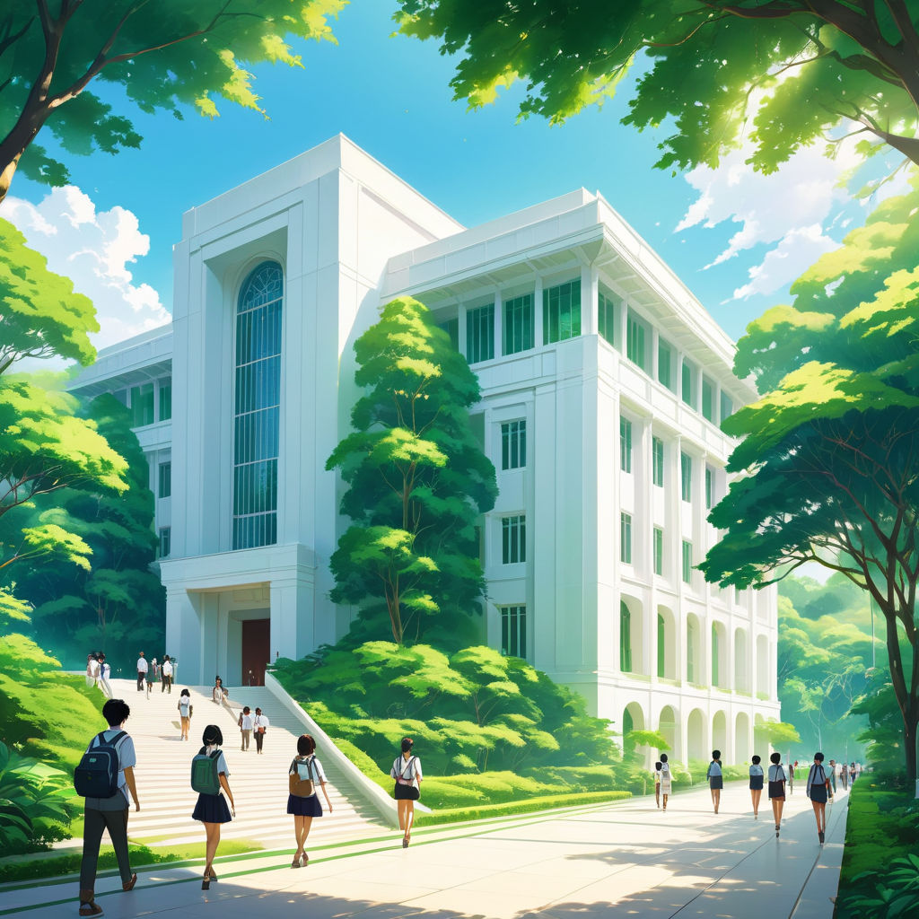 Anime style illustration depicting a grand white university ... by ...
