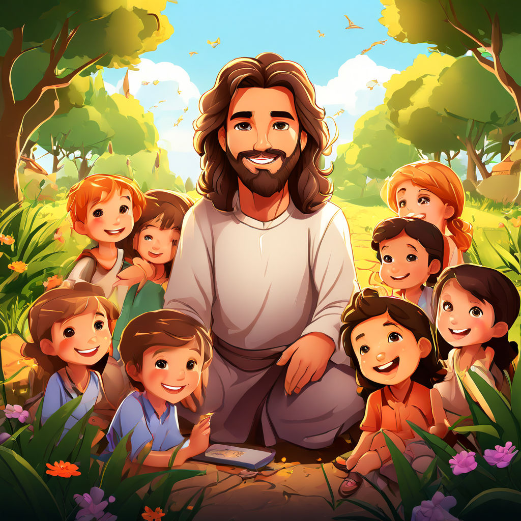 Make me a simple cartoon vector of Jesus with many children ... by hero ...