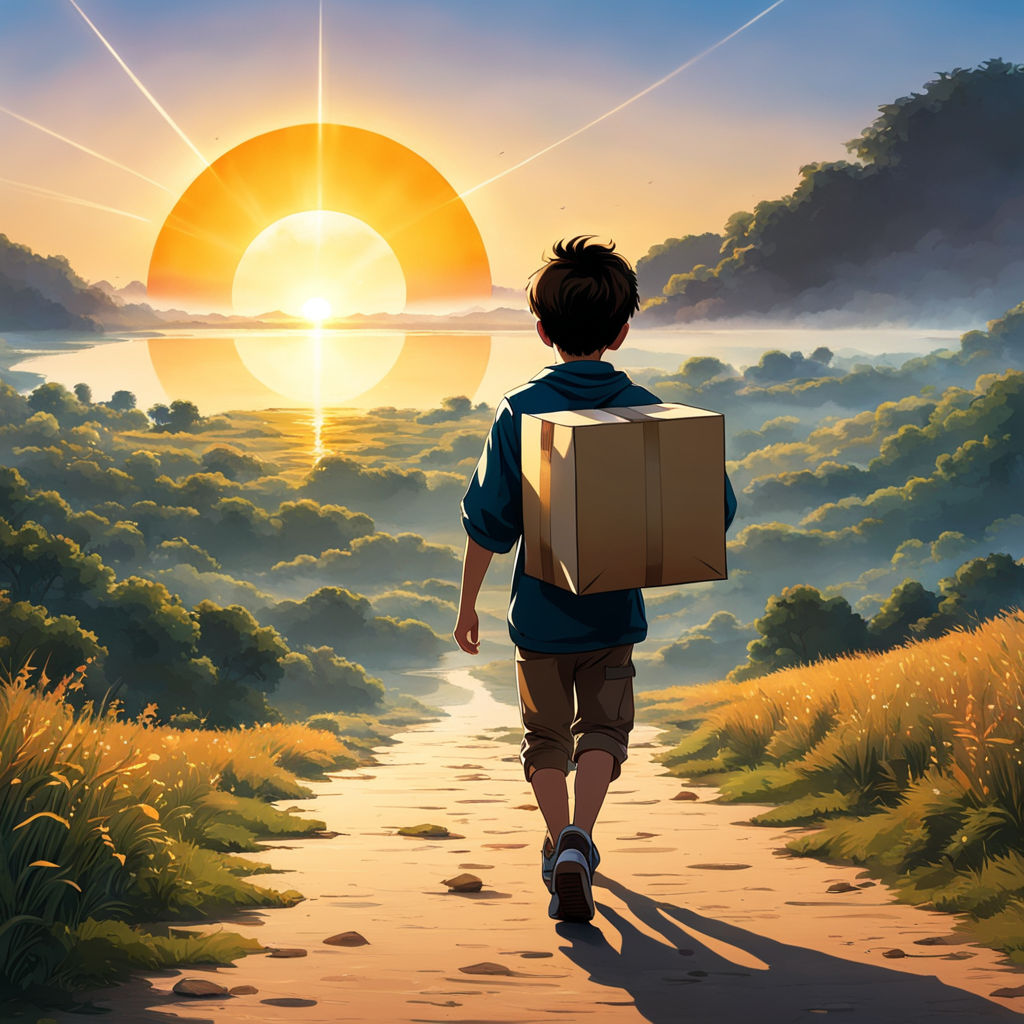 Boy Walking Towards A Sunrise Carrying A Box That Has Sparkl By 