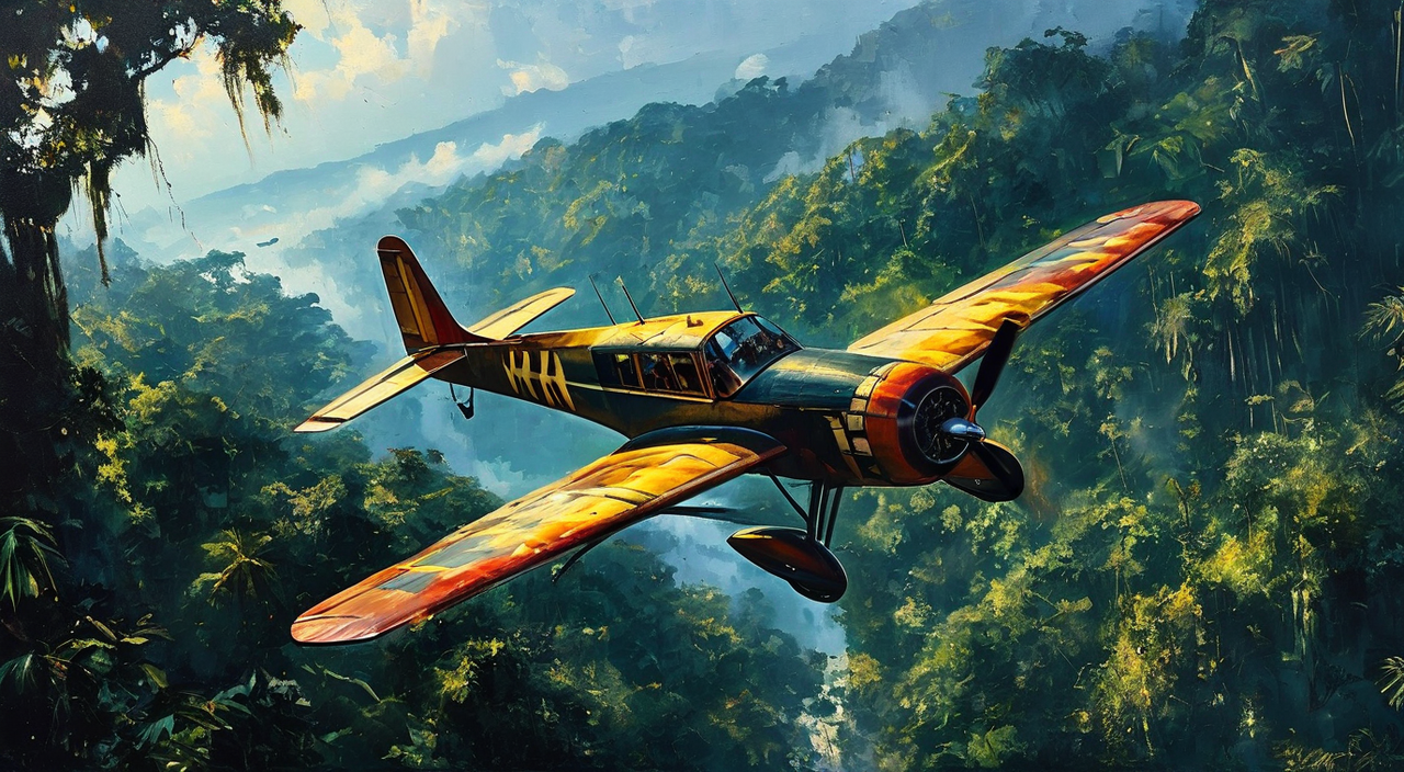 Small propeller plane captured in oil painting style soaring... by ...