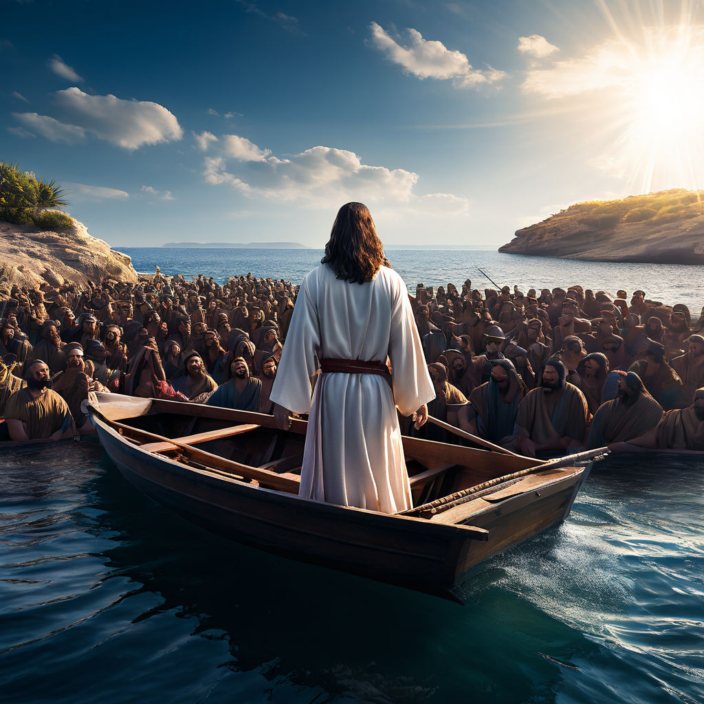 Jesus standing in a boat in front of the sea teaching thousa... by ...
