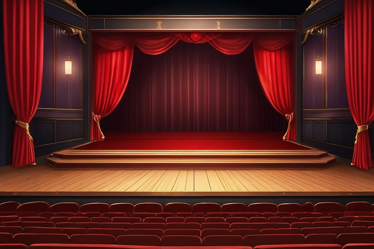 An anime-style theater stage with a wooden plank floor and a... by ...
