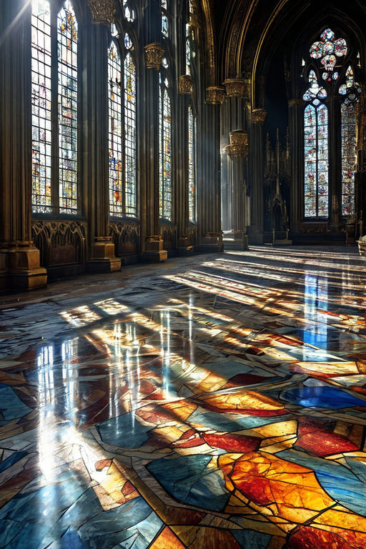Inside a colossal castle with towering stained glass windows by Al ...