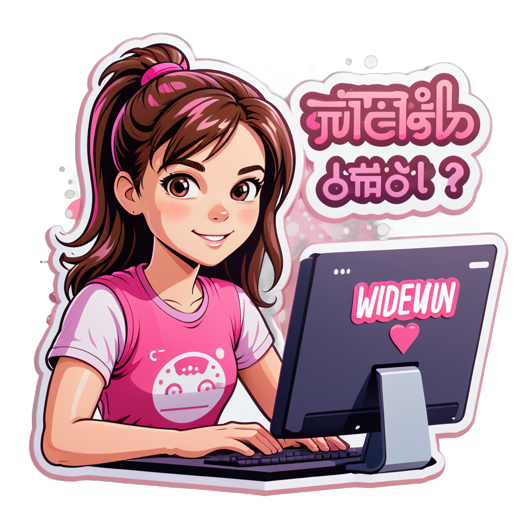 I made an AI sticker of A woman with brown hair with pink streaks in it working on a computer ...