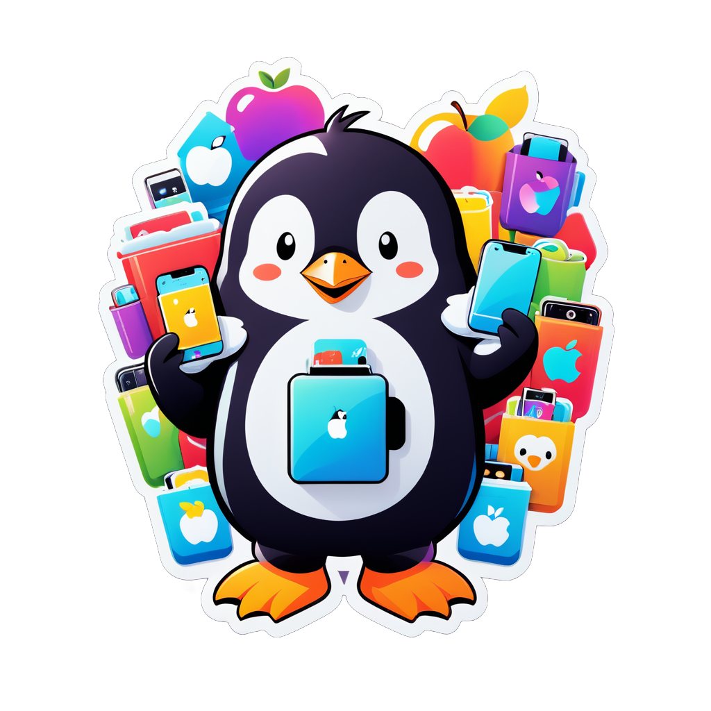 I made an AI sticker of Penguin with many Apple products on hand