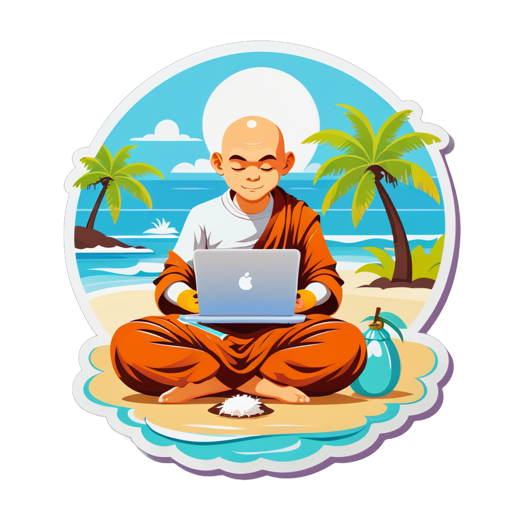 I made an AI sticker of A monk seating on a beach with laptop and ...