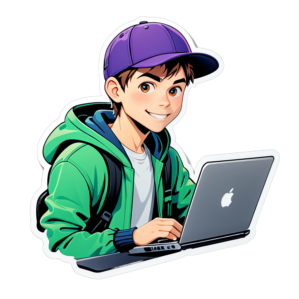 I made an AI sticker of “adult boy with caps and laptop