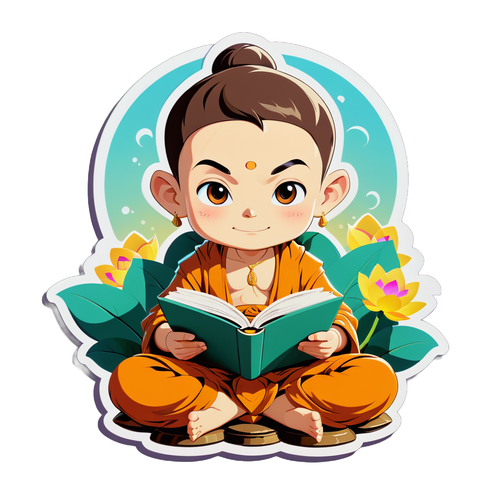 I made an AI sticker of A young monk sitting on a lotus and reading a ...