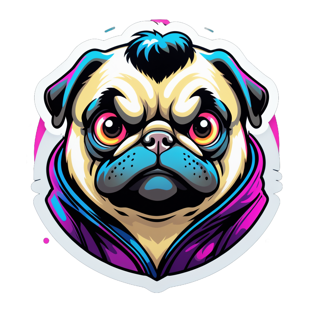 I made an AI sticker of a middle age pug, left eye is digital eye ...