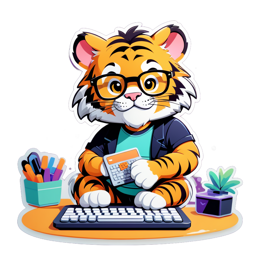 I made an AI sticker of The tiger is typing on the keyboard in front of ...