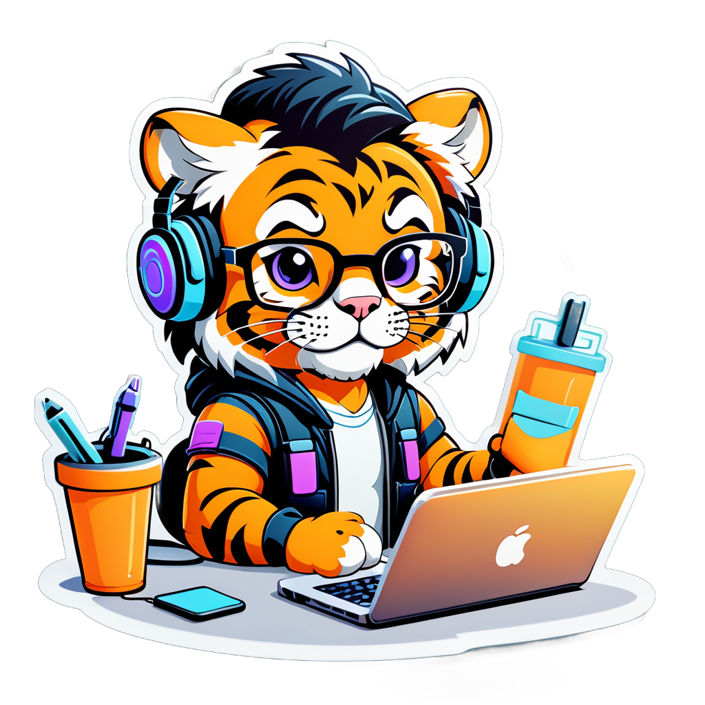 I made an AI sticker of The tiger is writing code on the computer ...