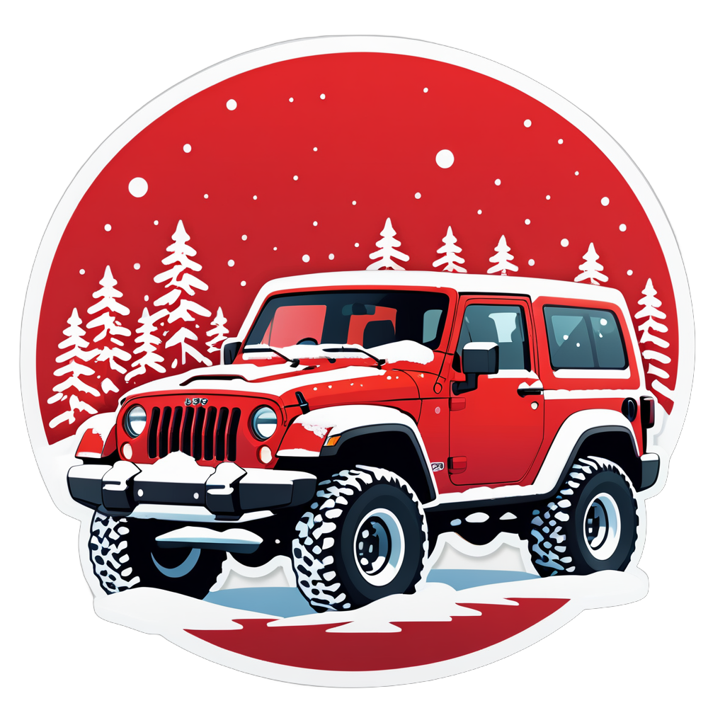 I made an AI sticker of red jeep in the snow on large tires from the ...